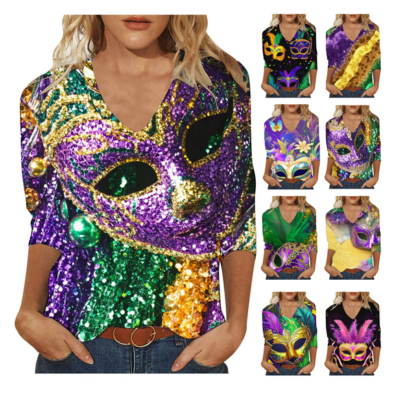 yoeyez Womens Mardi Gras Tops 2025 3/4 Sleeve Mask Glitter Printed T ...