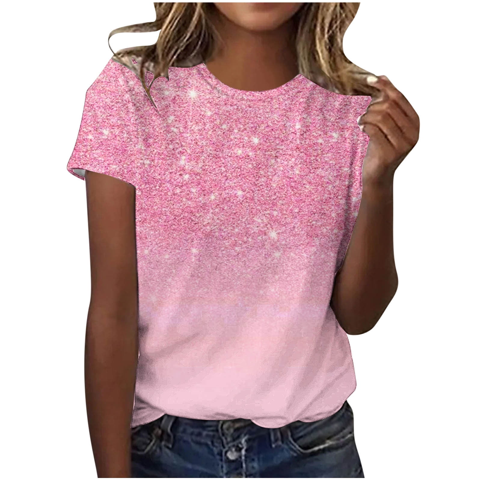 yoeyez Womens Short Sleeve Shirts Crewneck Shinny Sequin Print Tops ...