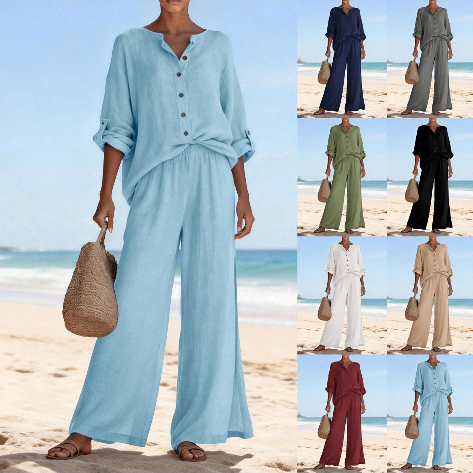 yoeyez Womens Two Piece Sets V-Neck Linen Matching Lounge Sets Rolled ...