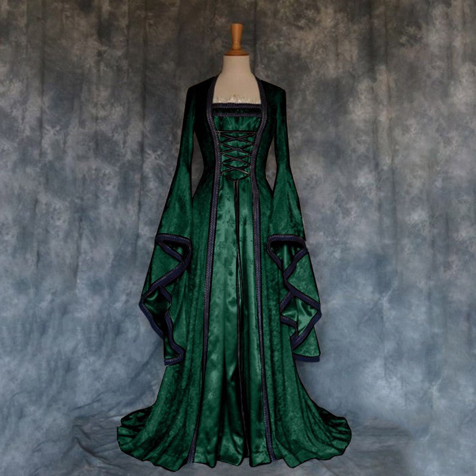 yoeyez Womens Wedding Guest Medieval Costume Dress Flare Sleeve Lace up ...