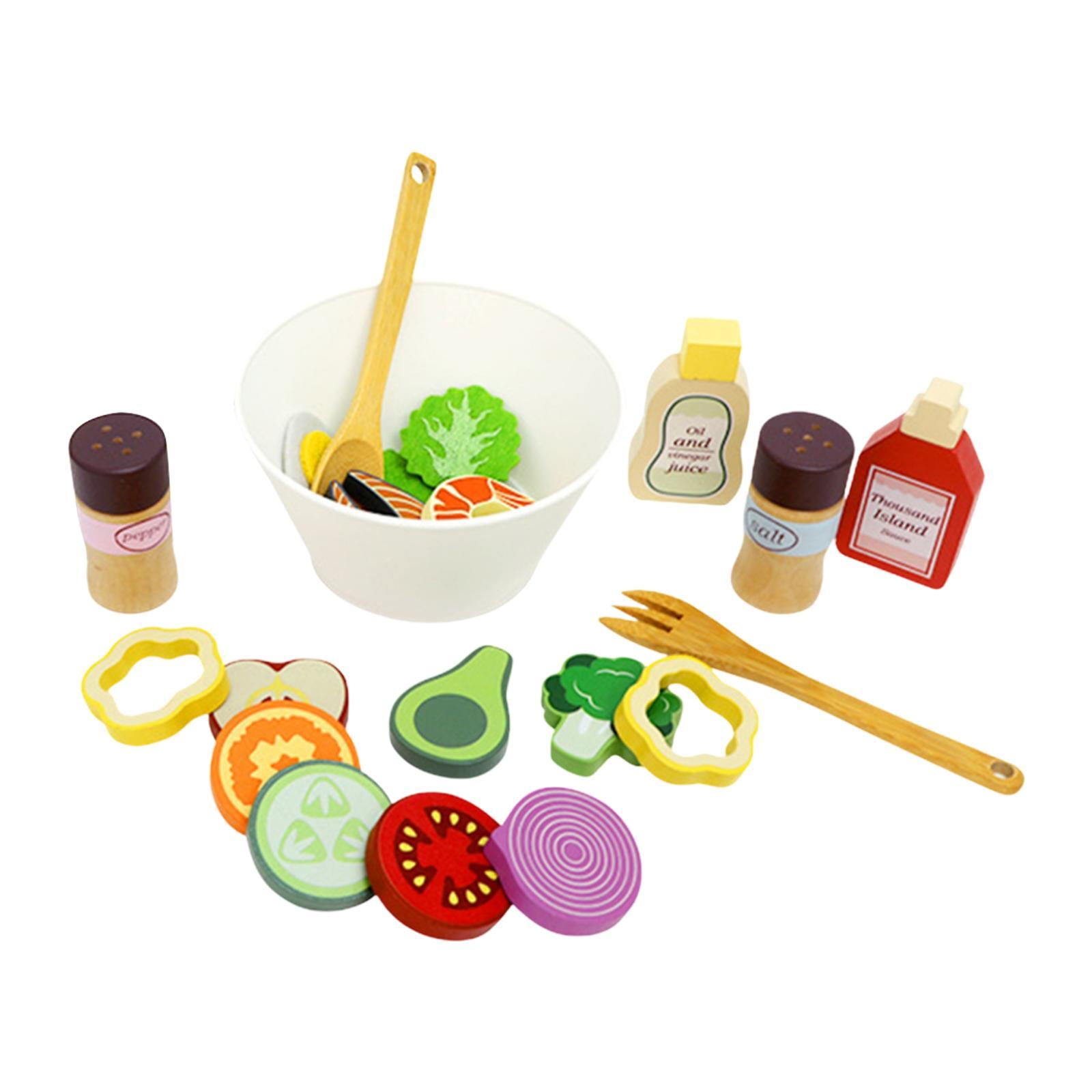 yotijay Wooden Play Salad Set Pretend Play Kitchen Toys Fine Motor ...