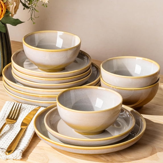 youjia Ceramic Dinnerware Set for 4, 12-Piece Plates and Bowls Set ...