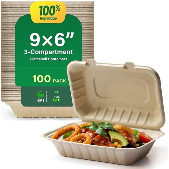 100% Compostable Clamshell Containers - Heavy Duty Disposable Takeout ...