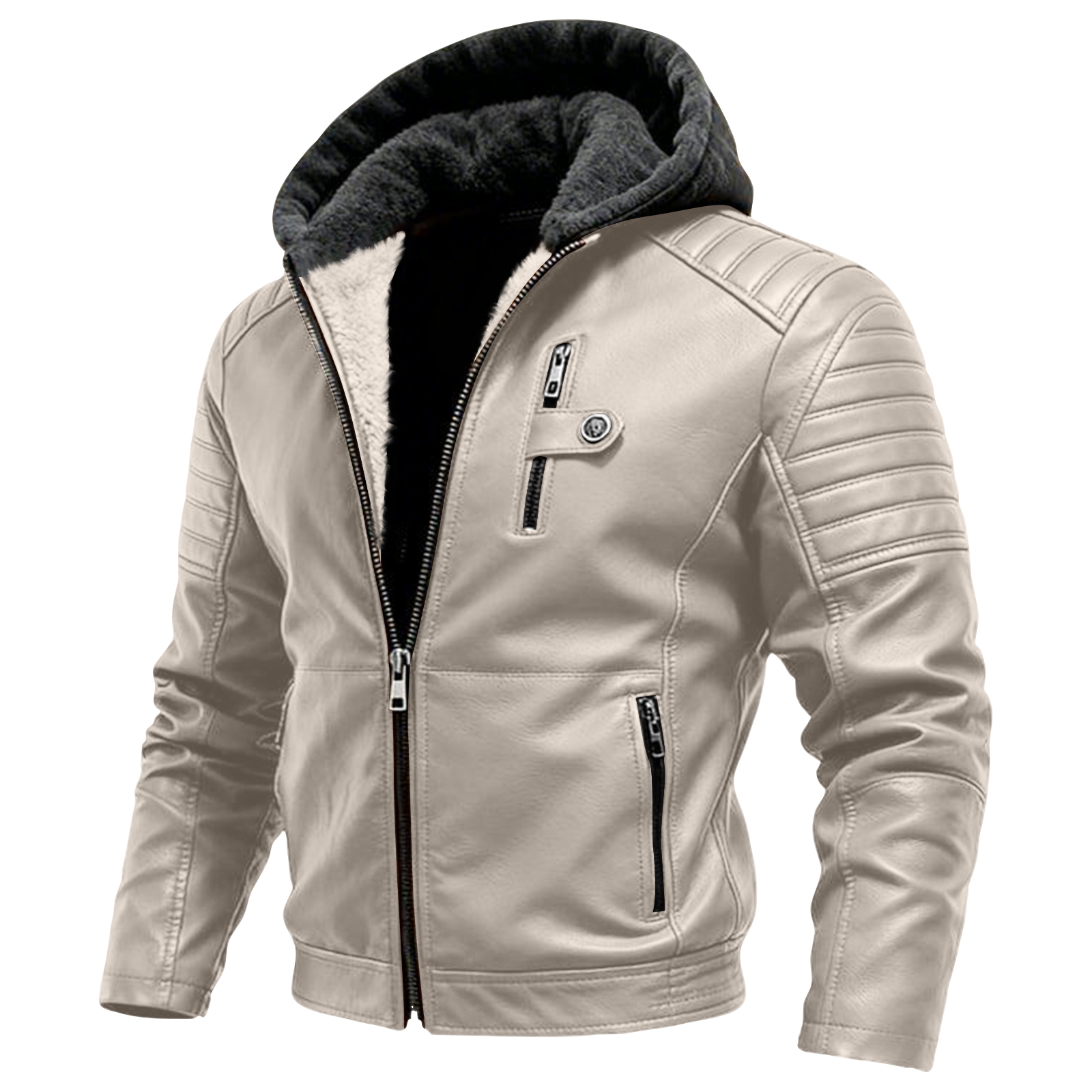 yuCgh Men's Casual Fashion Solid Color Leather Jacket with Zipper Hood ...