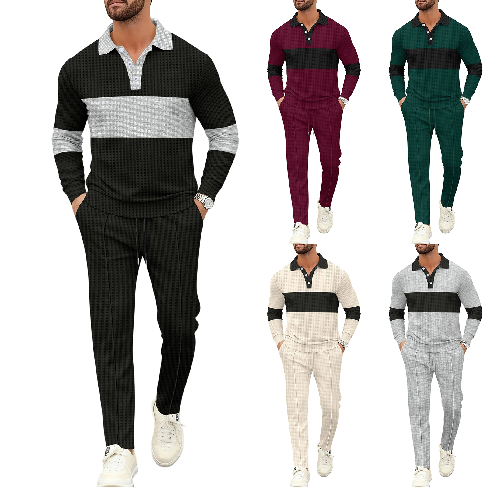 yuCgh Men's Flip Collar Long Sleeve Shirt and Trousers Set, Two-Piece ...