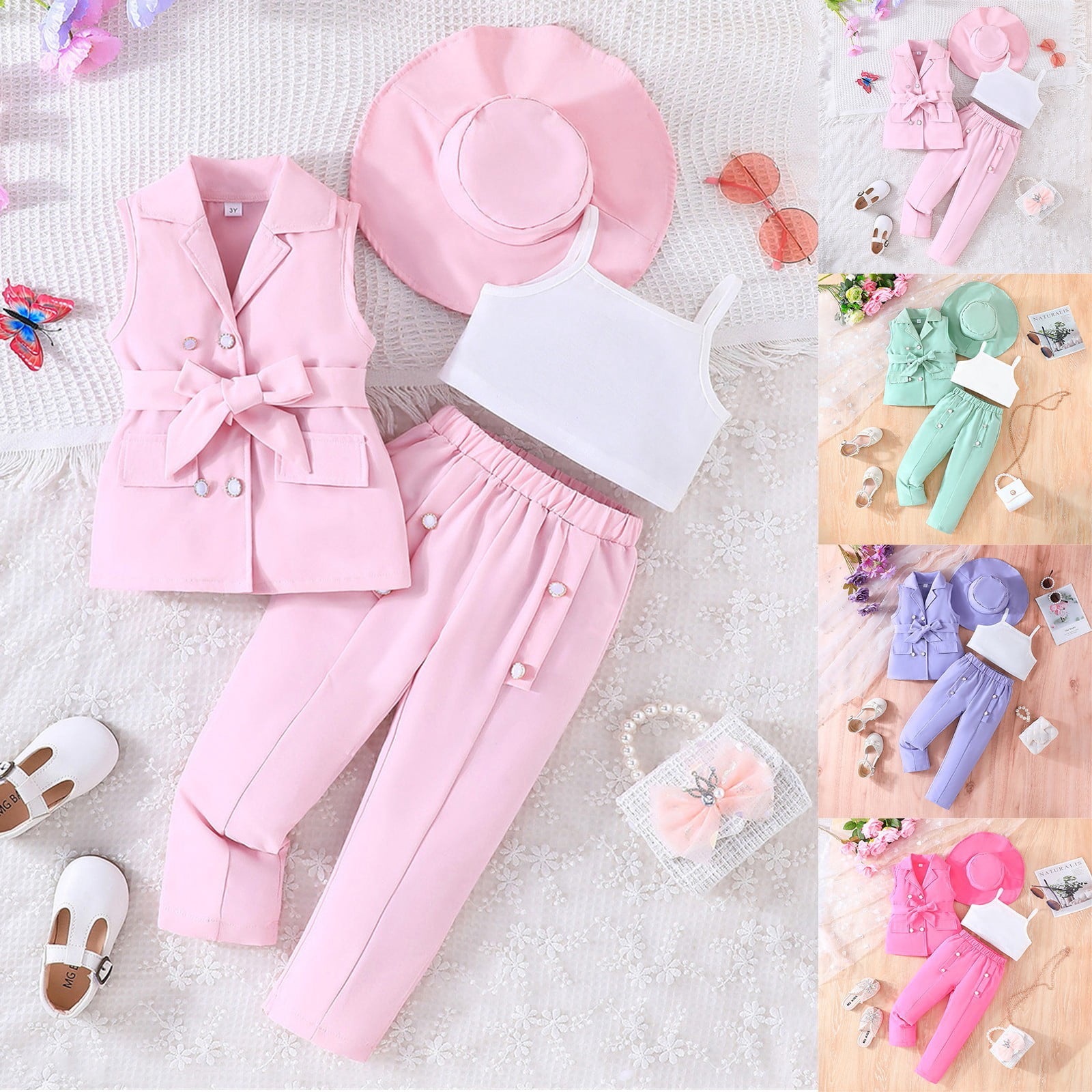 yuCgh Summer Children's Suit Trousers Girl Suit + Hat Fashion 4-Piece ...