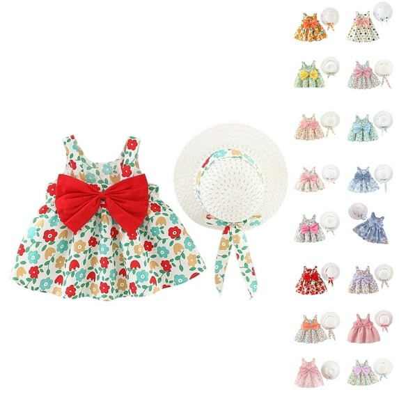 yuCgh Summer Kids Sleeveless Dress & Hat Set with Cute Floral Print ...