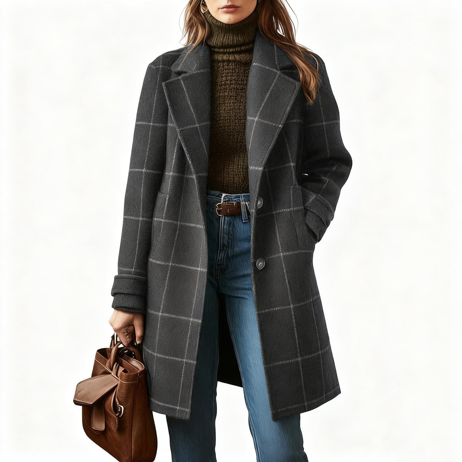 yuCgh Women's Winter Notched Collar Plaid Wool Trench Coat Button Down ...