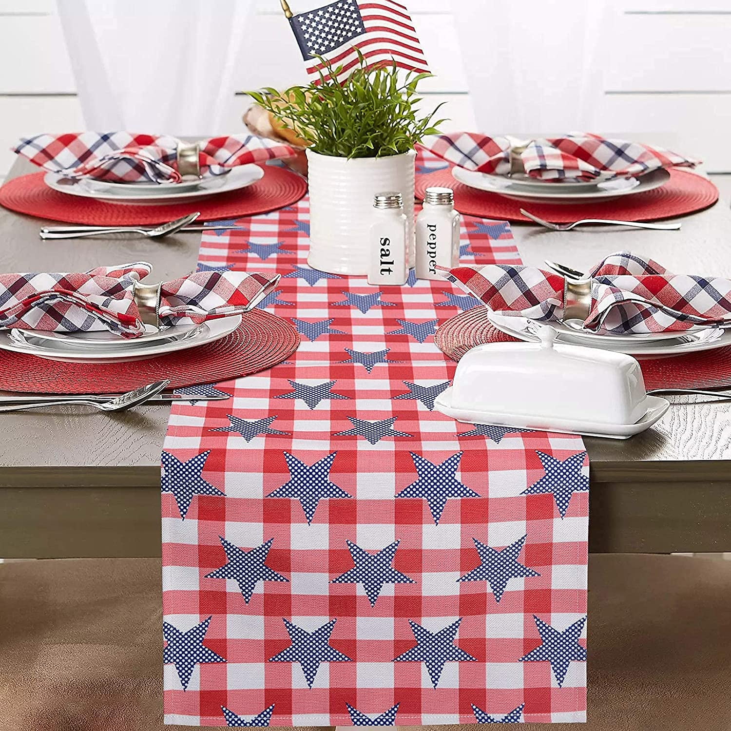 yuboo Red and White Star Buffalo Plaid Table Runner, 14'' x 72'' 4th of ...