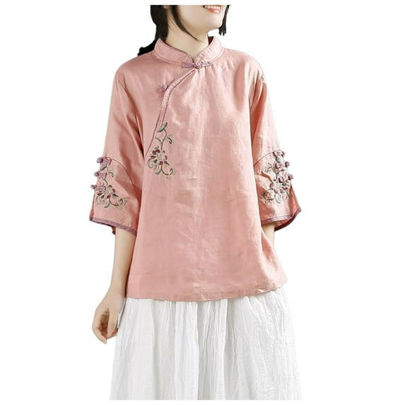 yueewhu Plus Size Linen Tops Summer 3/4 Sleeve Chinese Frog Blouses ...