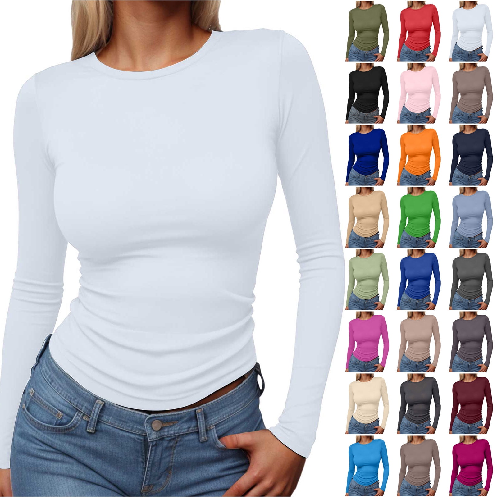 yueewhu Womens Crew Neck Basic Long Sleeve T Shirt Slim Fit Tees 2025 ...