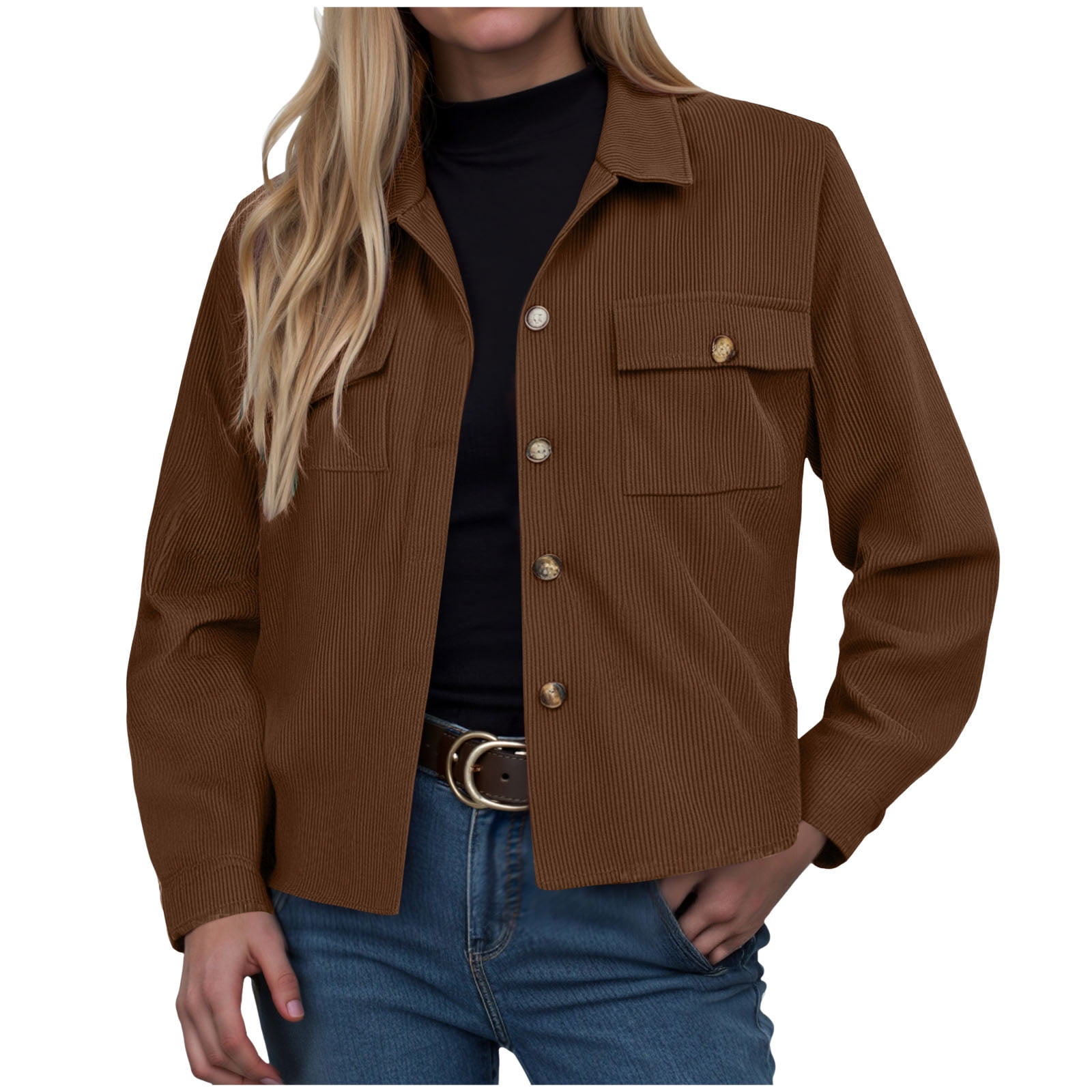 yueewhu Womens Fashion Cropped Corduroy Shackets Button Down Jackets ...