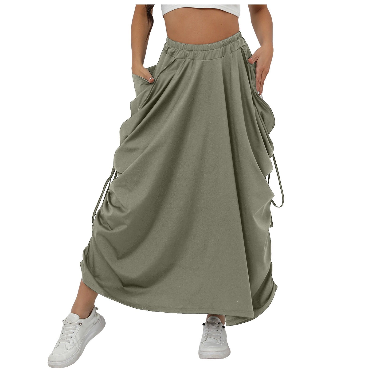 yueewhu Womens Solid Color Comfy Long Skirt Retro Ruffled Long Skirt ...