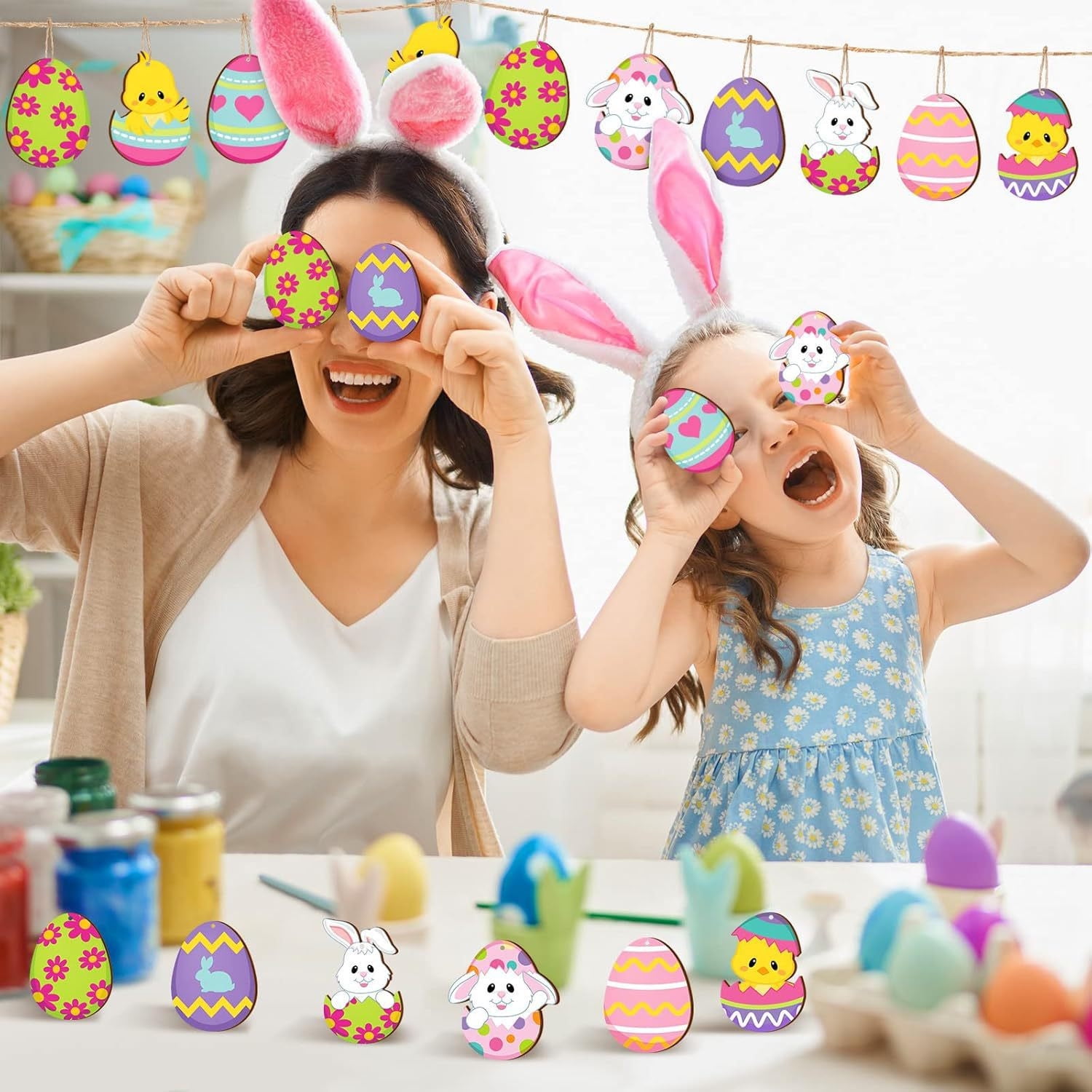 yulier 24 Pcs Easter Eggs Bunny Ornaments for Tree, Easter Wooden ...