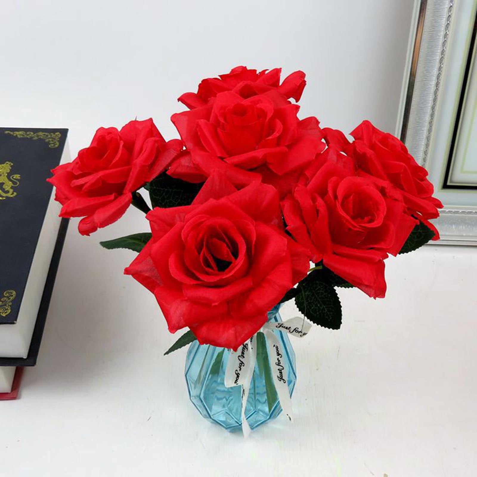 yulier 5 Pcs Artificial Red Roses Flowers 11" Silk Fake Flowers Roses ...