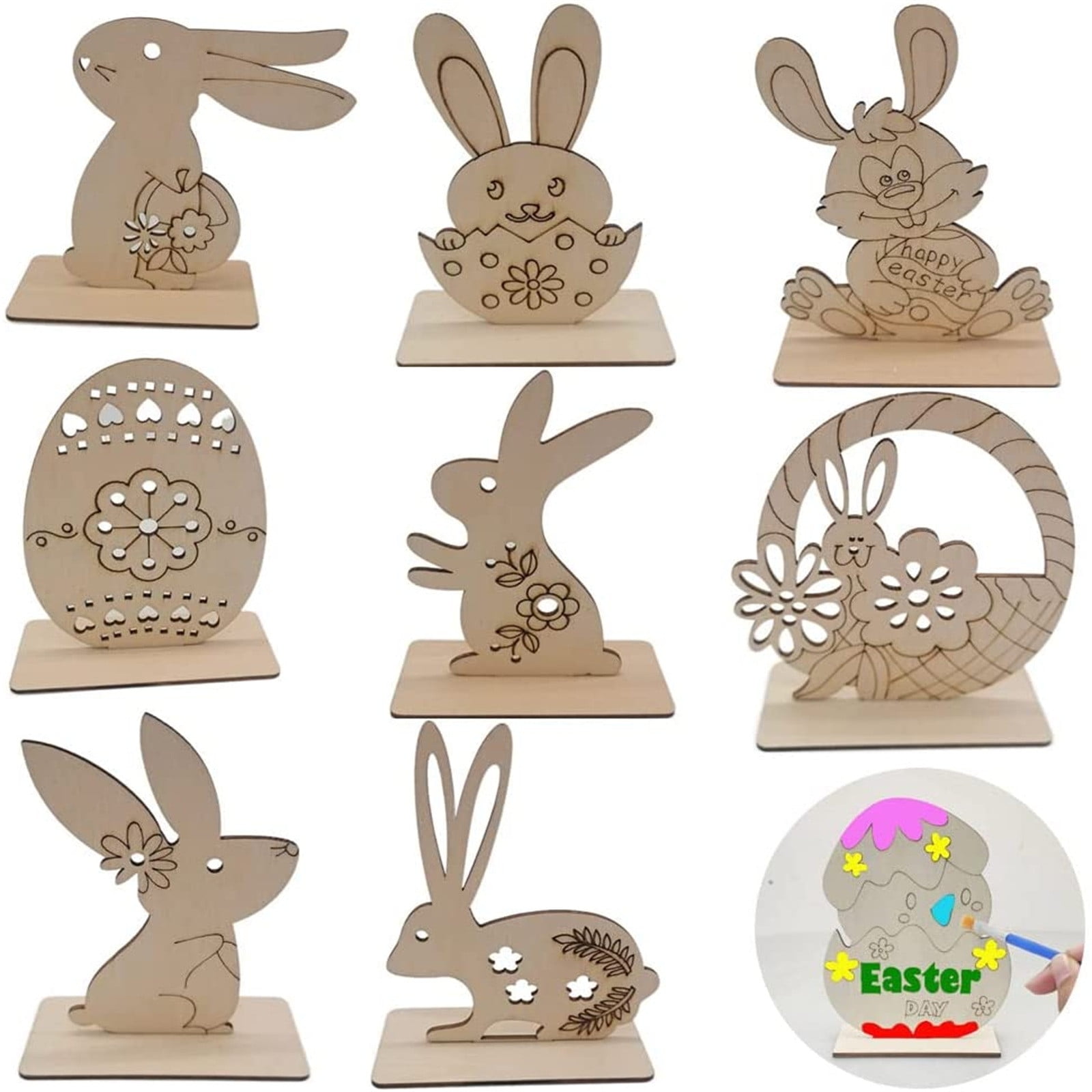yulier 8 Pcs Easter Wooden Bunny Cutouts Unfinished Wood Easter Egg ...