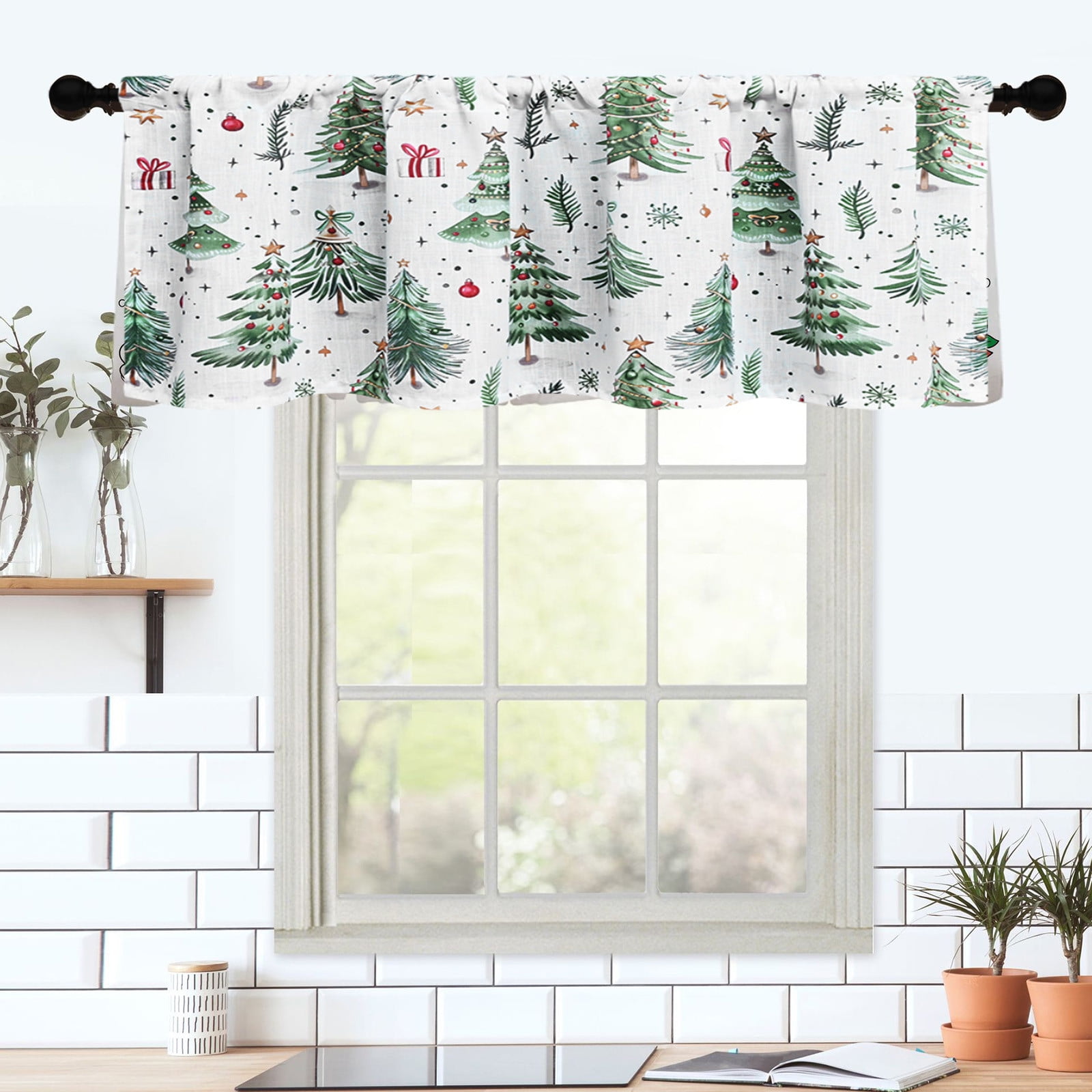yulier Christmas Tree Forest Kitchen Curtain Valance Rod Pocket Window ...