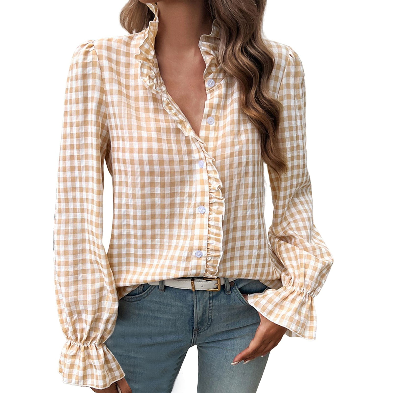 yunLCZ Ladies Blouse Discounted Womens Plaid Blouse Ruffle Neck Button Down Plaid Puff Long ...