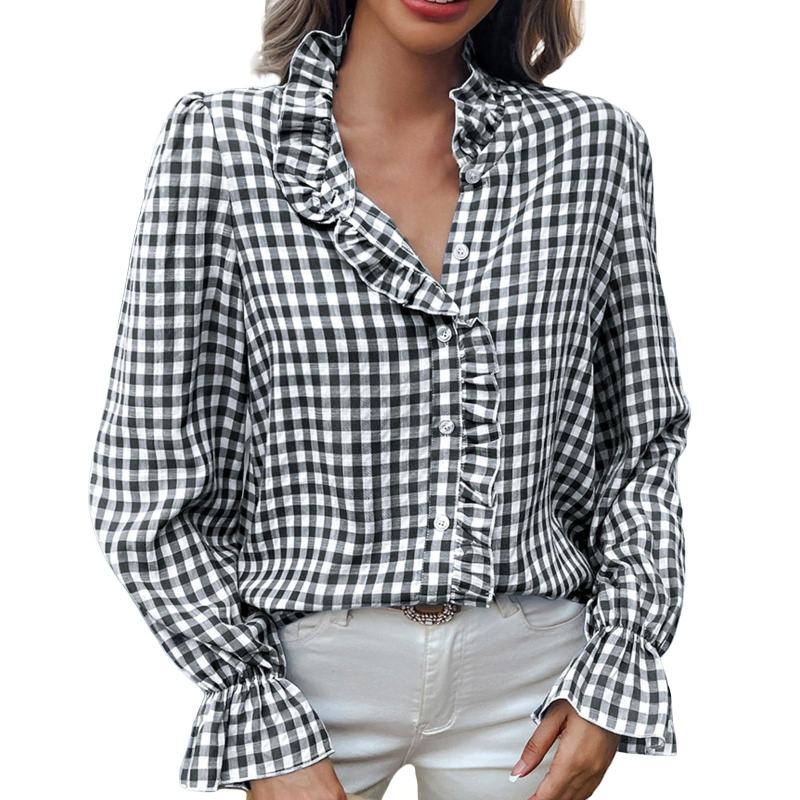 yunLCZ Ladies Blouse Everyday Low Price Womens Plaid Blouse Ruffle Neck Button Down Plaid Puff ...