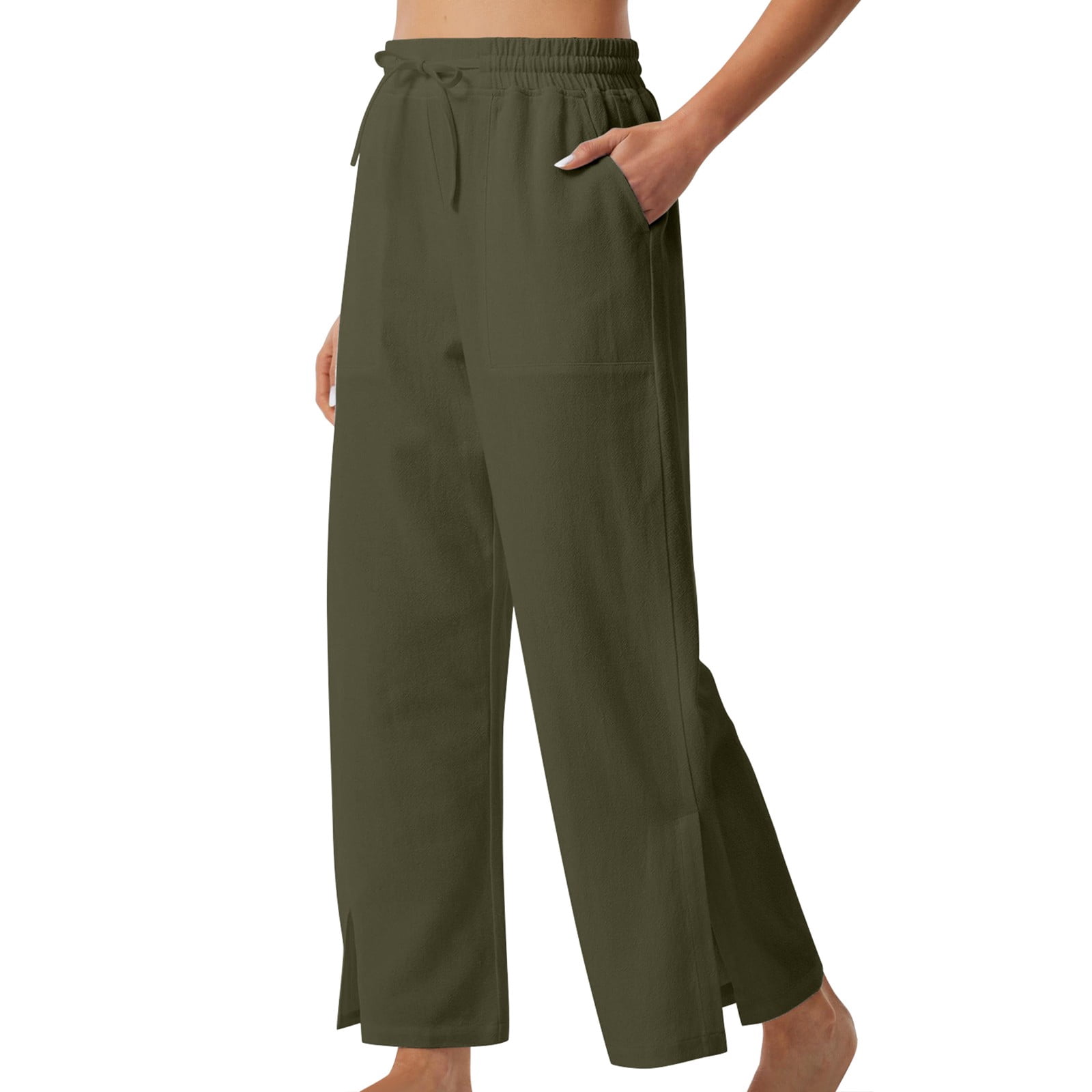 yunLCZ Wide Leg Pants Woman Women Linen Pants Wide Leg Side Slit Ankle ...