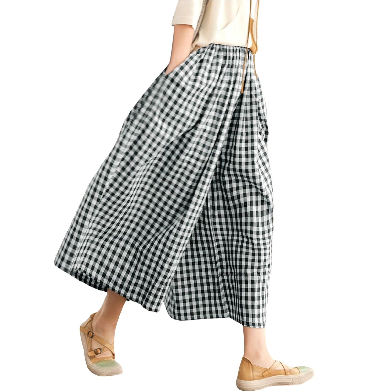 yunLCZ Wide Leg Pants Woman Women's Cotton Linen Pants Elastic Waist ...