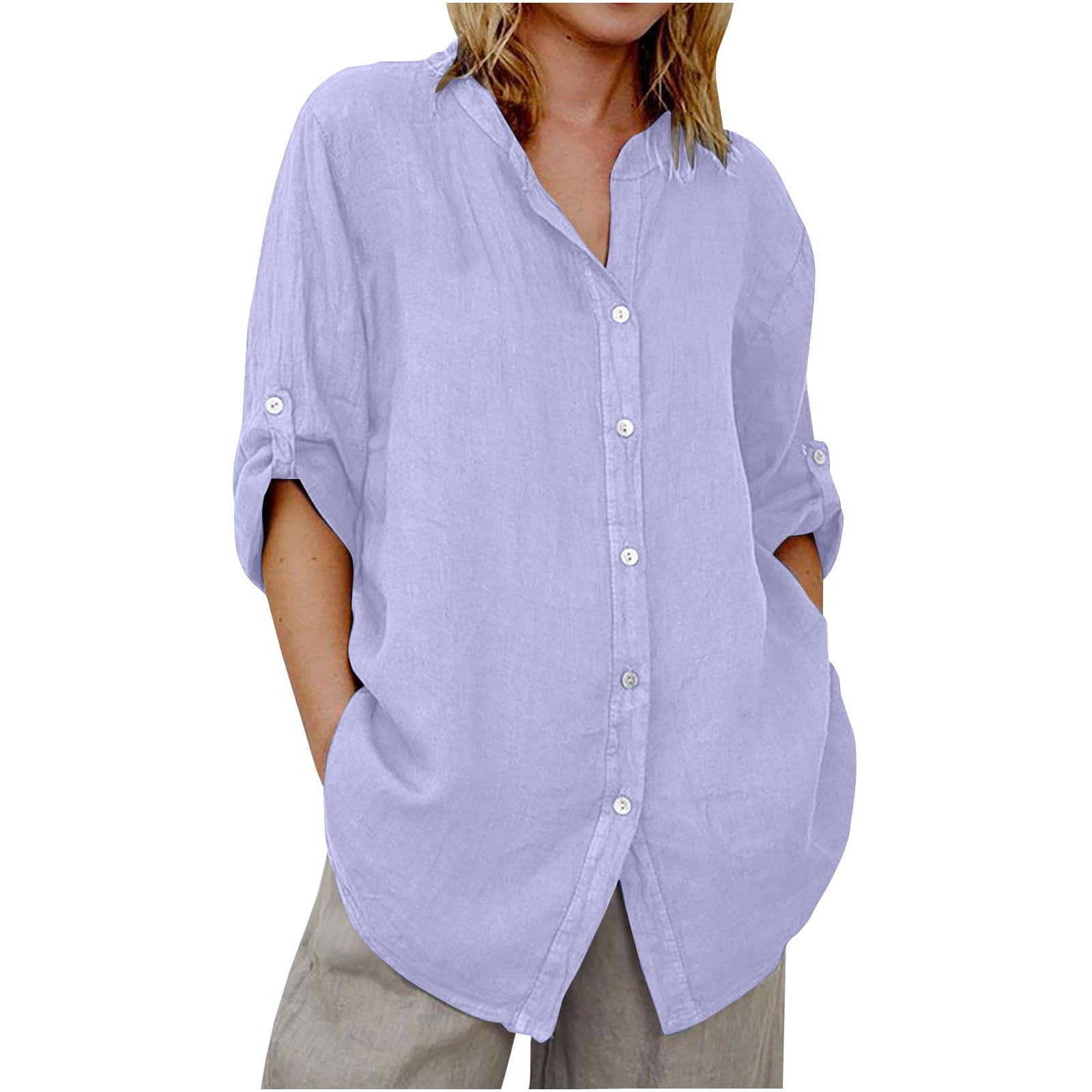 yunLCZ Women Shirts Womens Linen Button Down Shirts Long Sleeve Dress Linen Shirt Casual ...