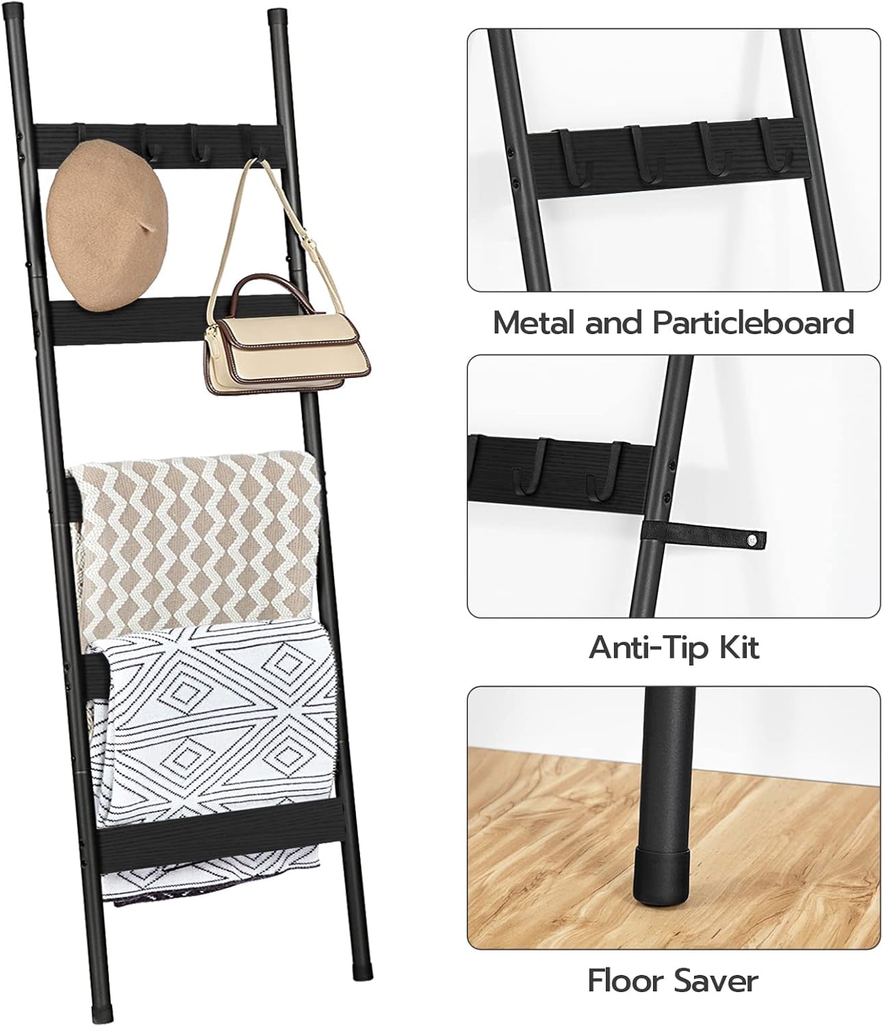 yunmklos Blanket Ladder 5-Tier Towel Rack with Hooks Wall-Leaning ...