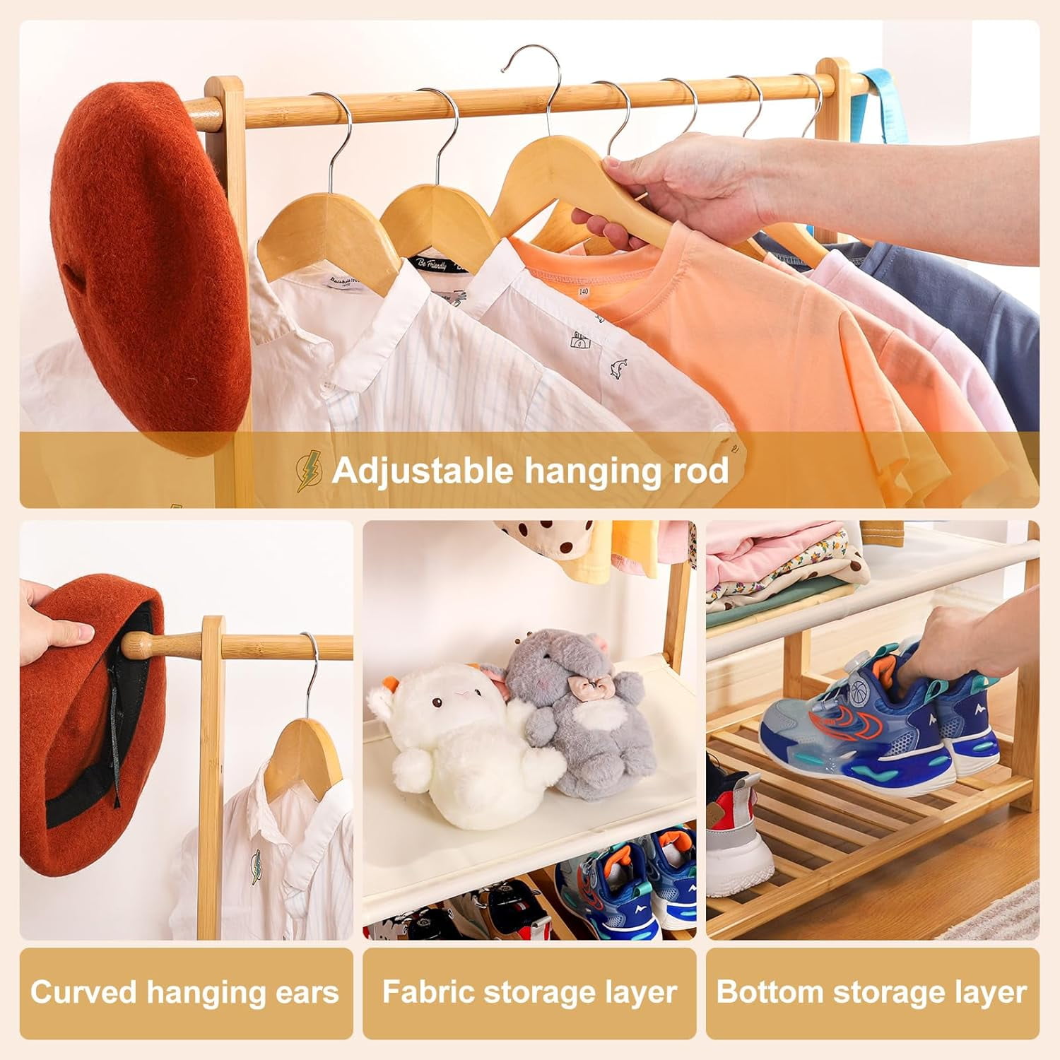 yunmklos Clothing Rack Bamboo with 2 Storage Baskets and 2 Adjustable ...