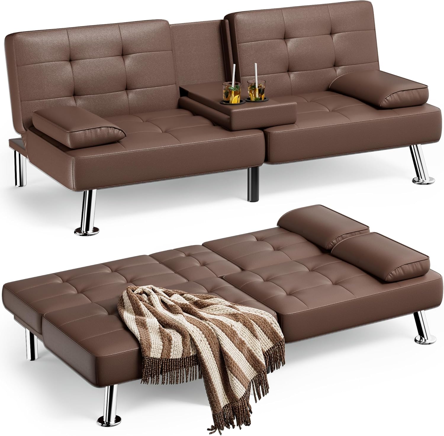 yurfcvgh Futon Sofa Bed Leather Futon Couch with Removable Armrests ...