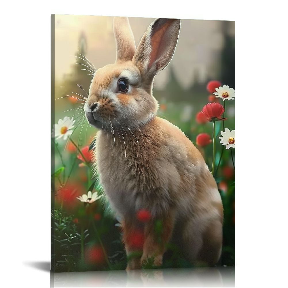 yvkew Spring Flower Bunny Canvas Wall Art, Rabbit With Red Poppies ...