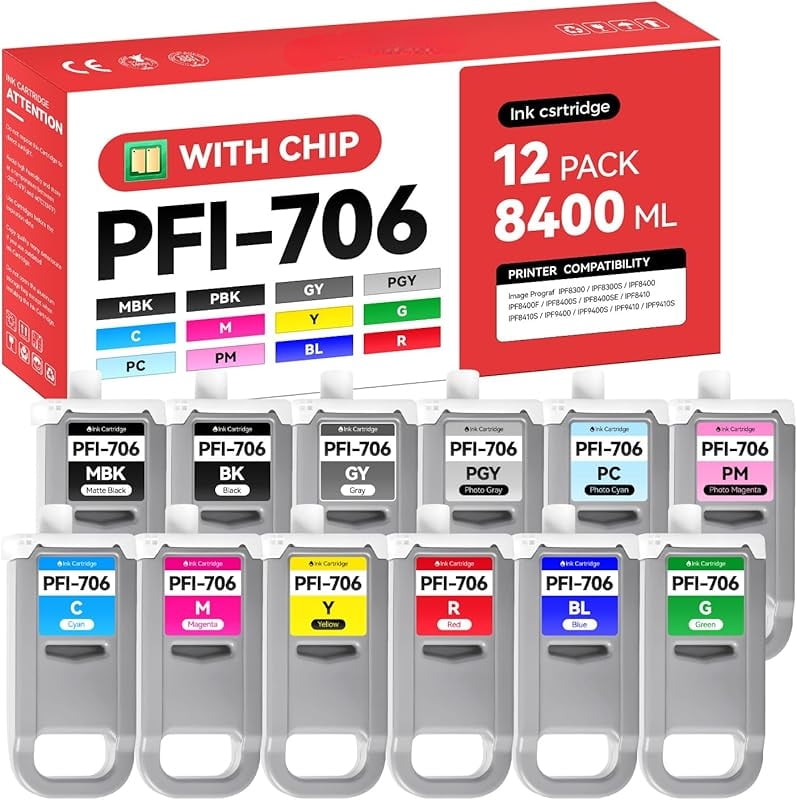 z PFI-706 Pigment Ink Tank 12-Pack 700ml Ink Cartridges Compatible with Canon ImagePROGRAF ...
