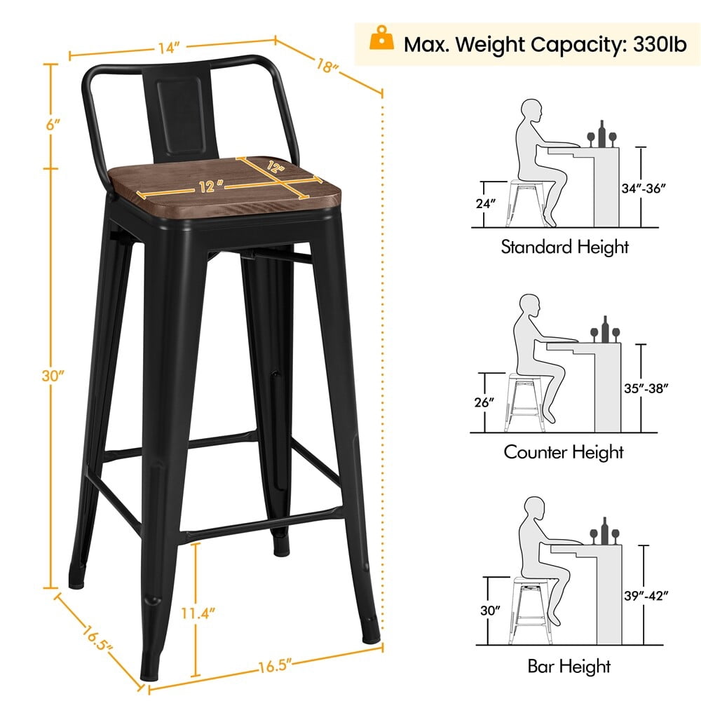 zalema 30 inch Bar Stools Set of 4 Bar Height Metal Barstools with Wood ...