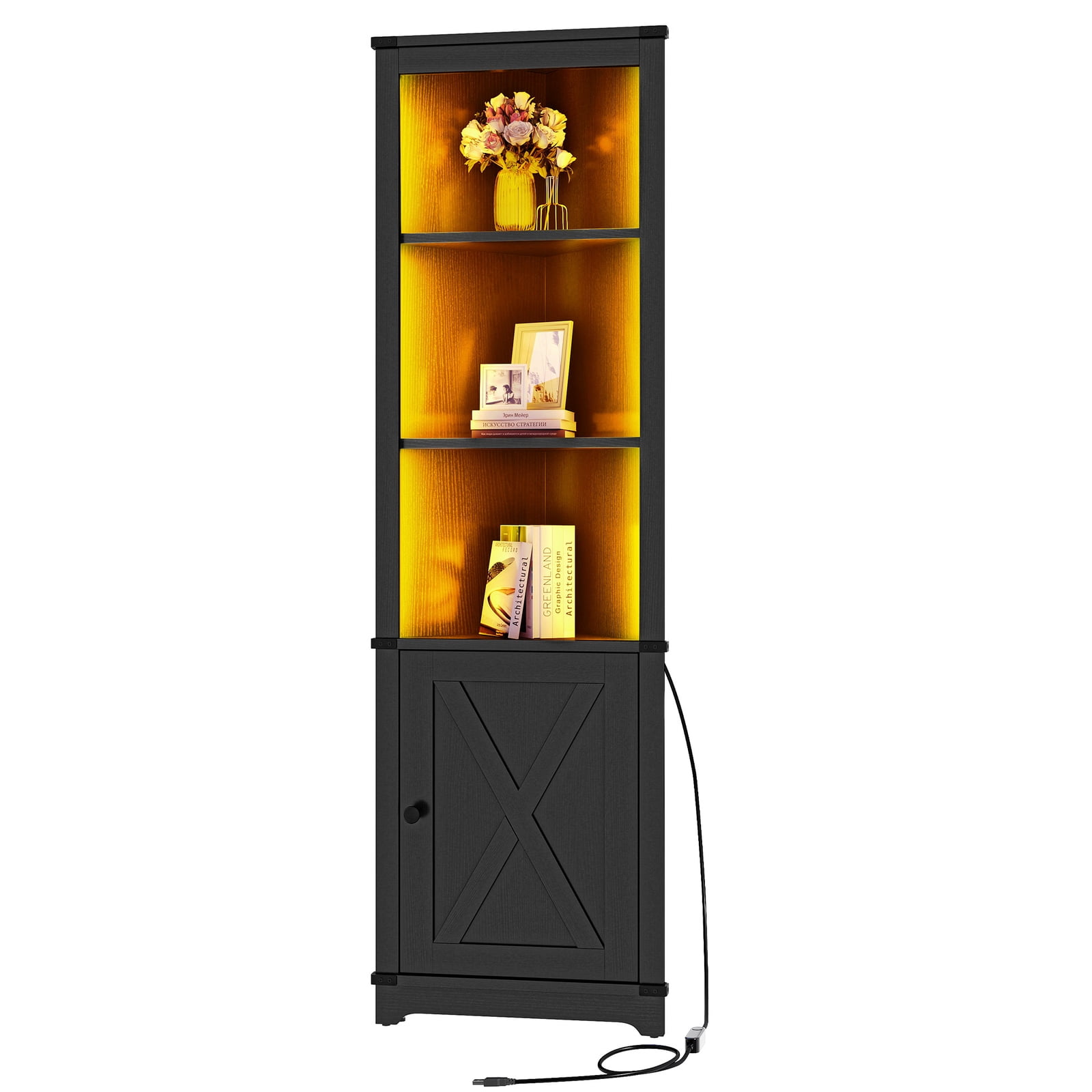 zalema 5-Tier Corner Cabinet with LED Light Corner Display Cabinet ...