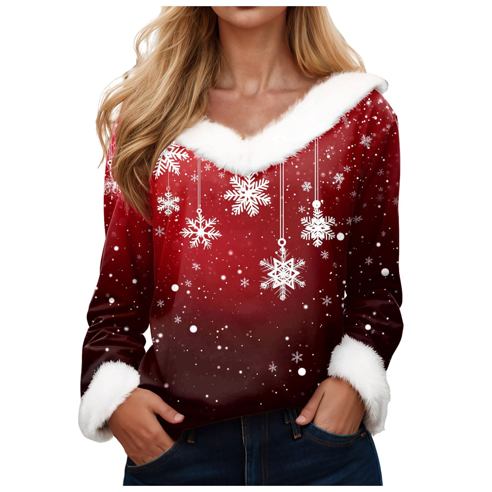 zaveiop Merry Christmas Sweaters for Women 2025 Faux Fur Trim V Neck ...