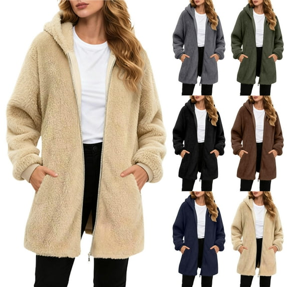 zaveiop Women Fleece Cardigan Hooded Loose Fuzzy Cardigan Coat Womens ...