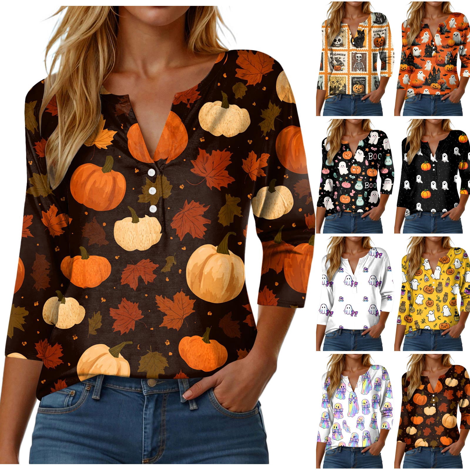 zaveiop Women Halloween Sales 3/4 Sleeve Tops Fall Blouse V Neck Maple ...