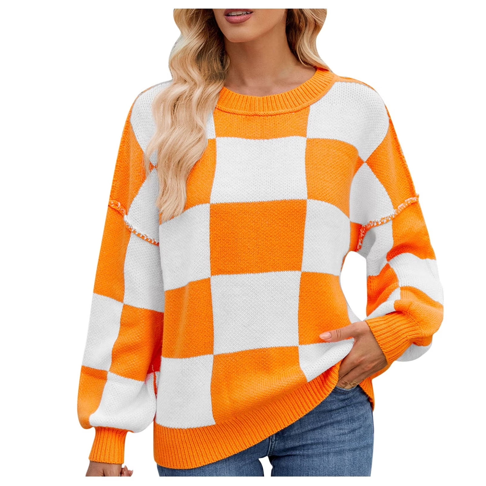 zaveiop Women's Checkered Color Block Oversized Sweater Plaid Crew Neck ...