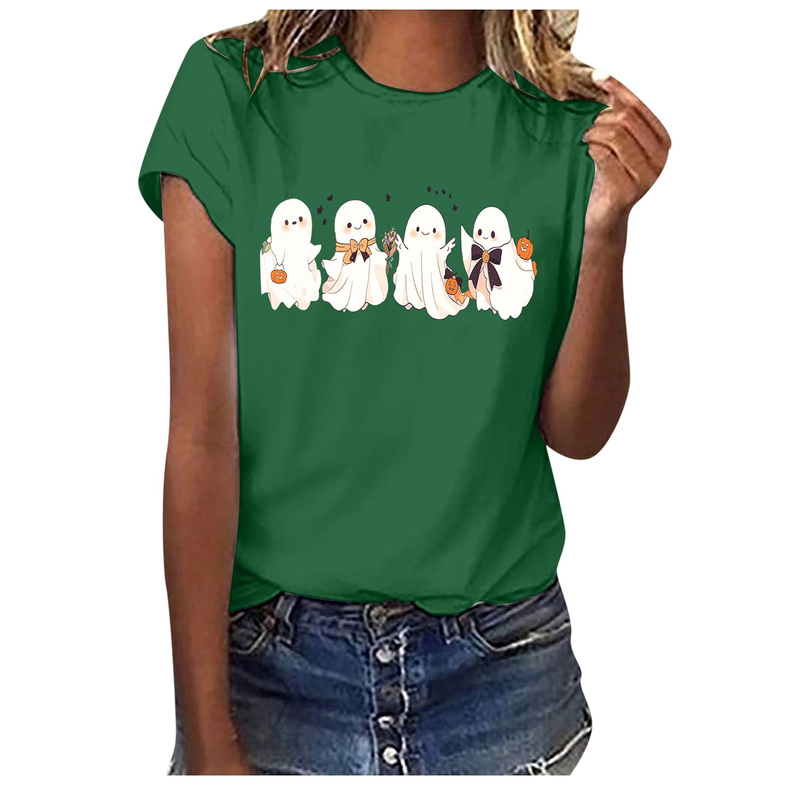 zaveiop Women's Cute White Ghost Print Halloween Shirts for Women Cute ...