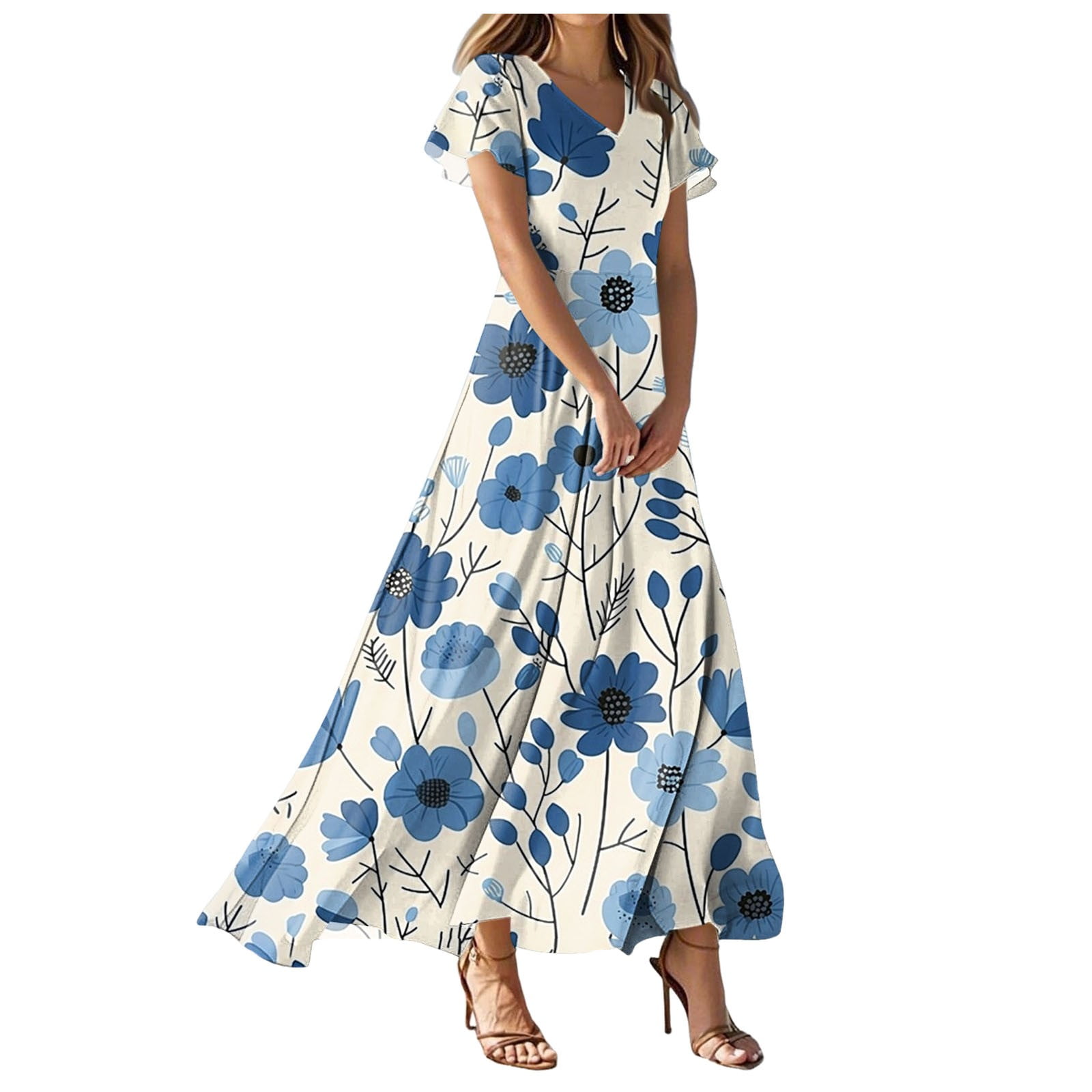 zaveiop Women's Summer Short Sleeve Maxi Dresses Swing Flowy Ruffle Hem ...