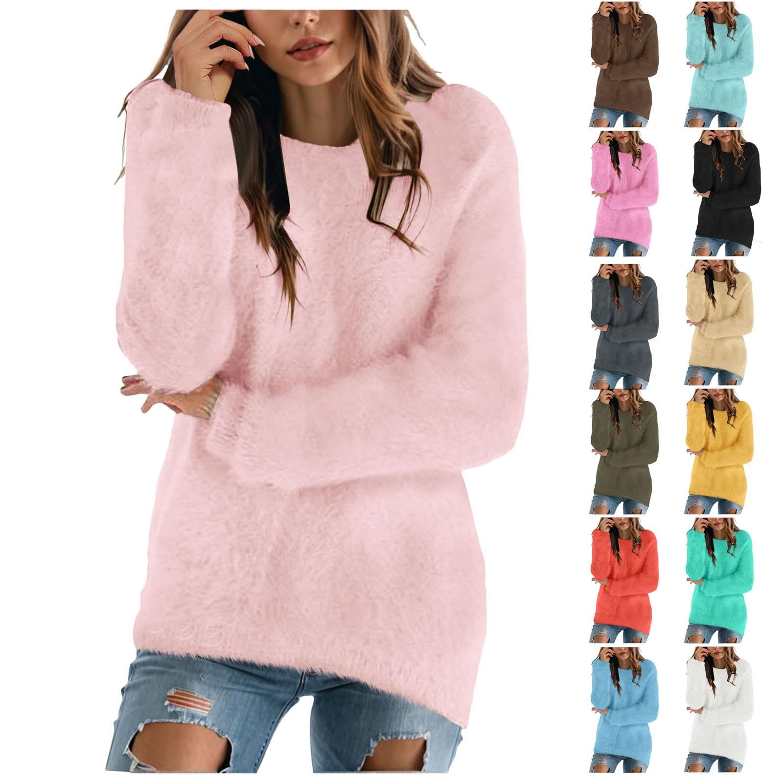 zaveiop Womens Fuzzy Fleece Sweaters Warm Long Sleeve Crew Neck Fall ...