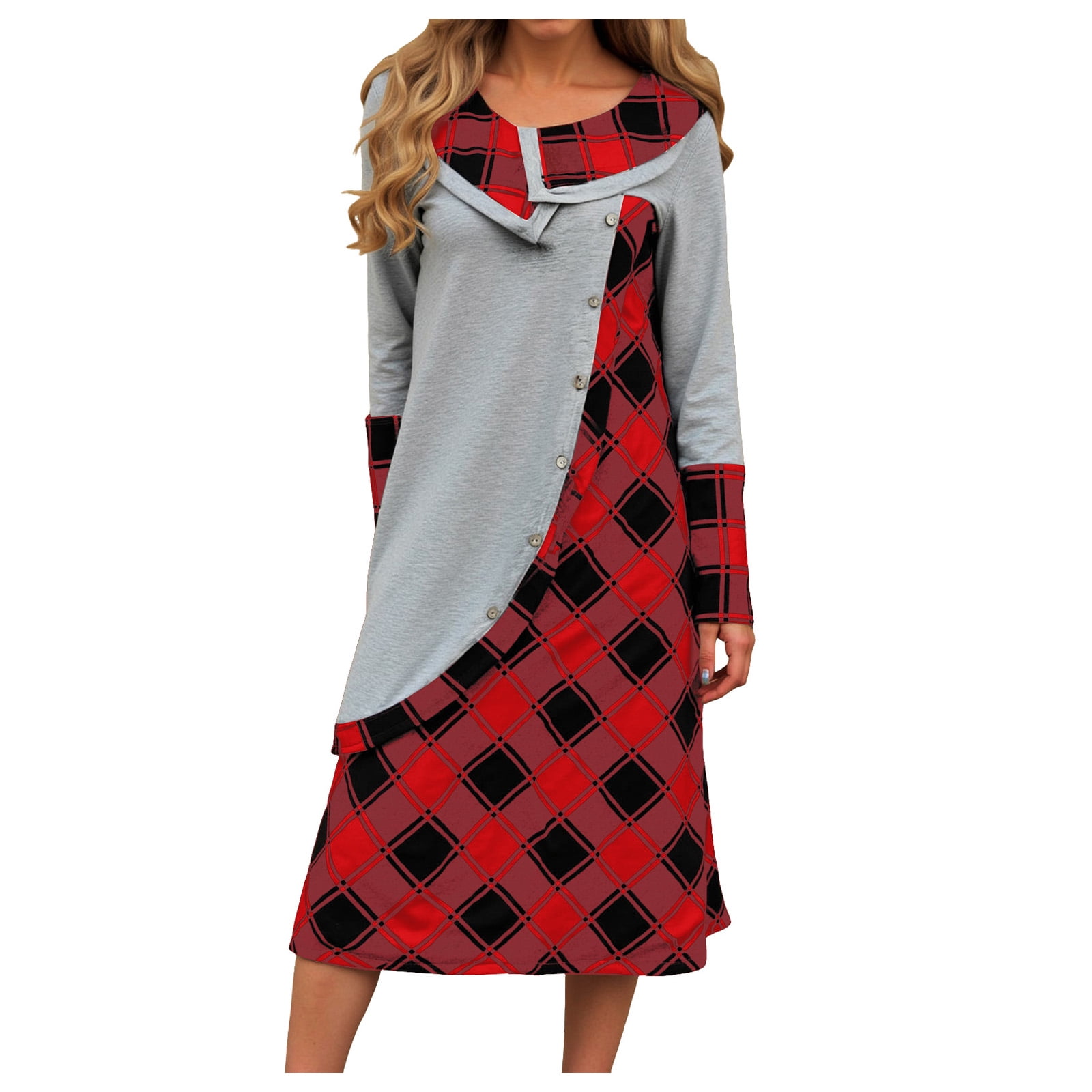 zaveiop Womens Skew Collar Foldover Cinched Plaid Panel Handkerchief ...