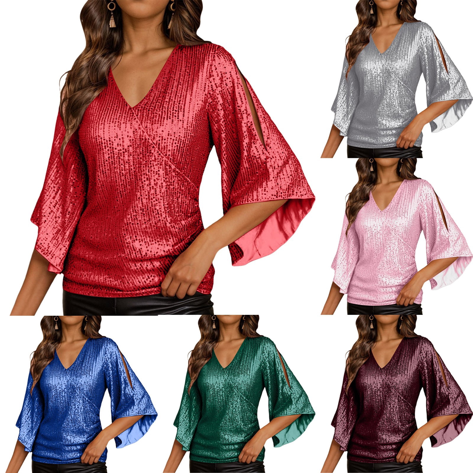 zaveiop Womens Sparkly Sequin Tops,3/4 Sleeve Glitter Party Dressy ...