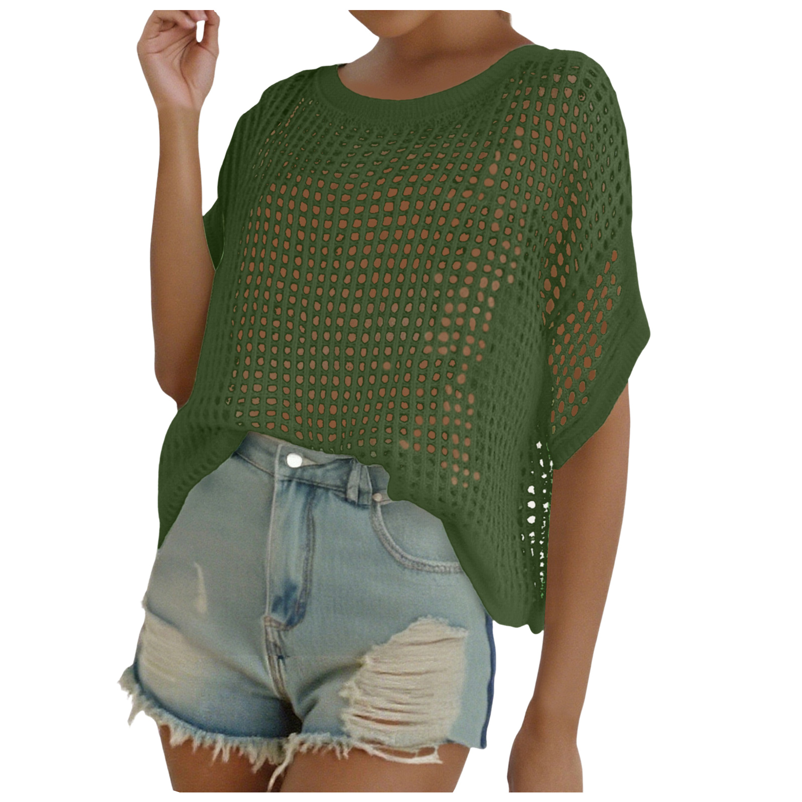 zaveiop Womens Summer Tops Crochet Short Sleeve Mesh Knit Sweater ...