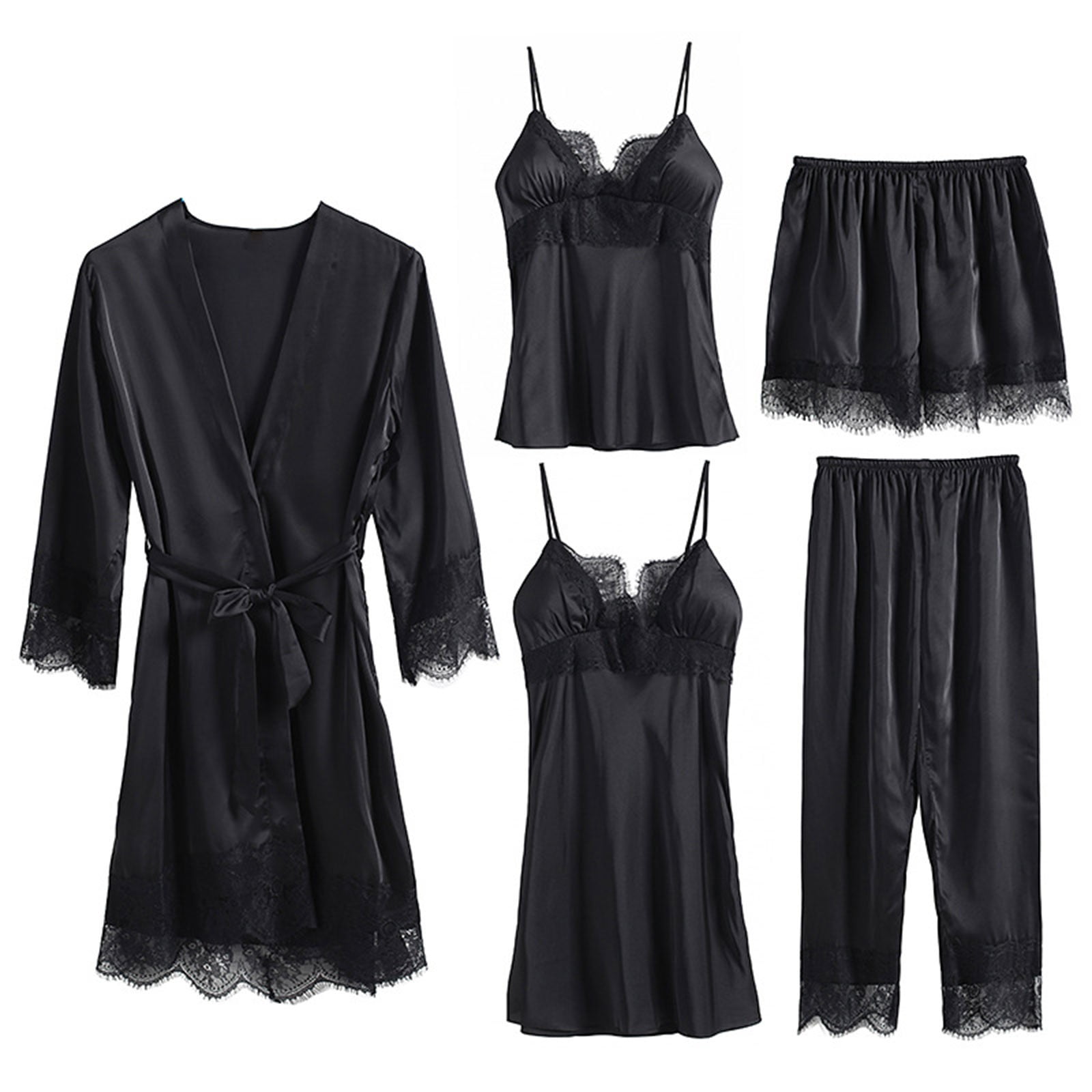 zbxnLI 5 Piece Satin Pajamas Outfits Womens Lace Cami Nightgown and ...