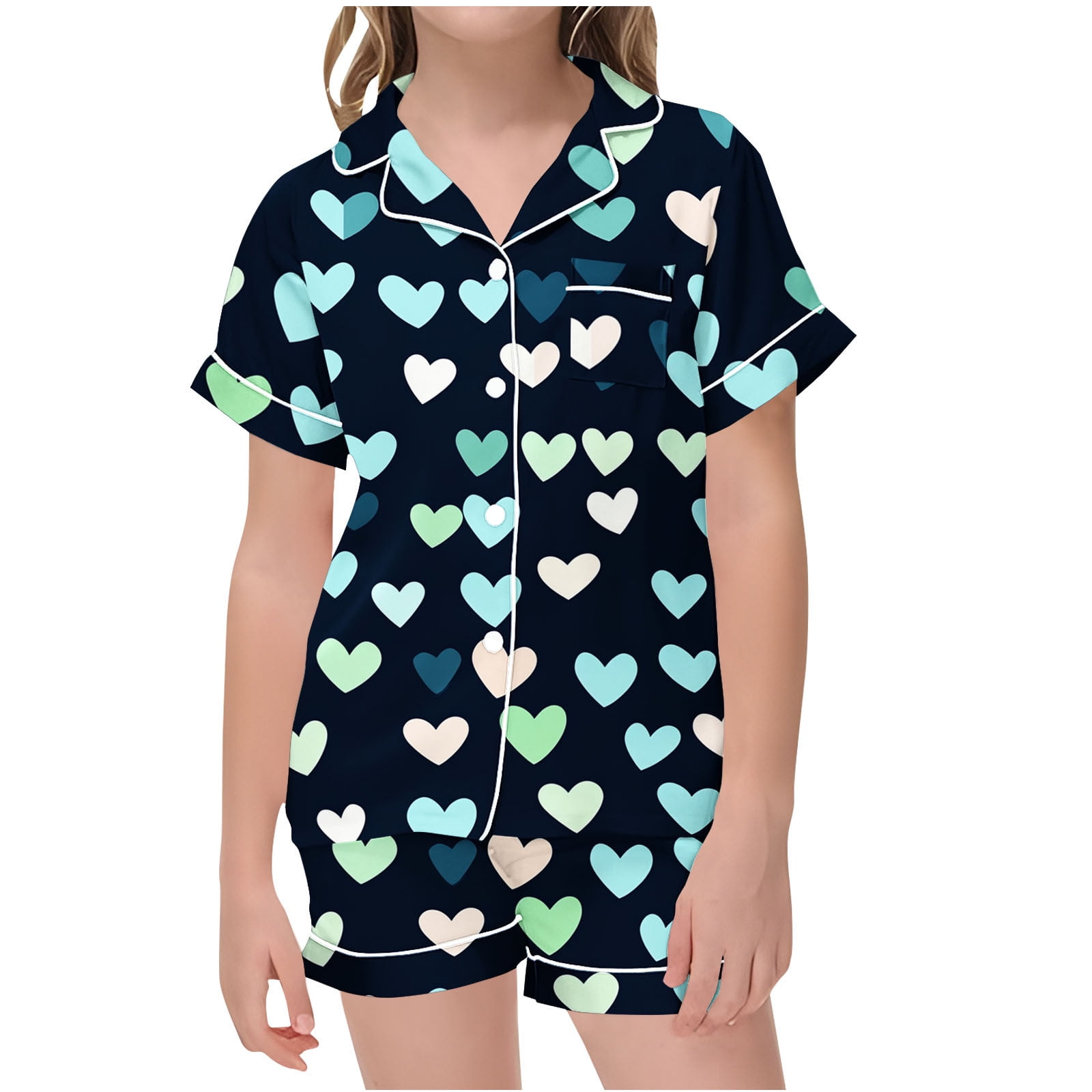 zbxnLI Girls Satin Pajama Set Summer Printed Short Sleeve Button down ...