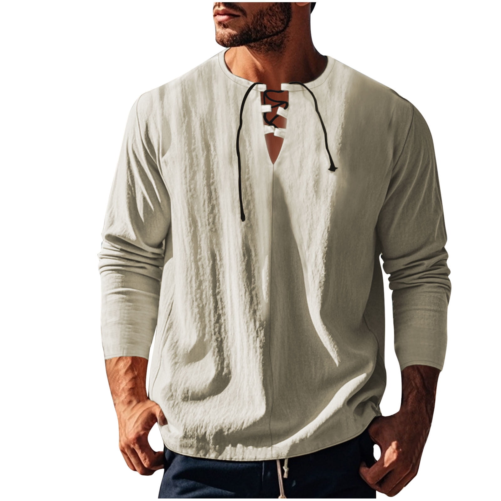 zbxnLI Mens Linen Shirts Drawstring V Neck Long Sleeve Shirt ...