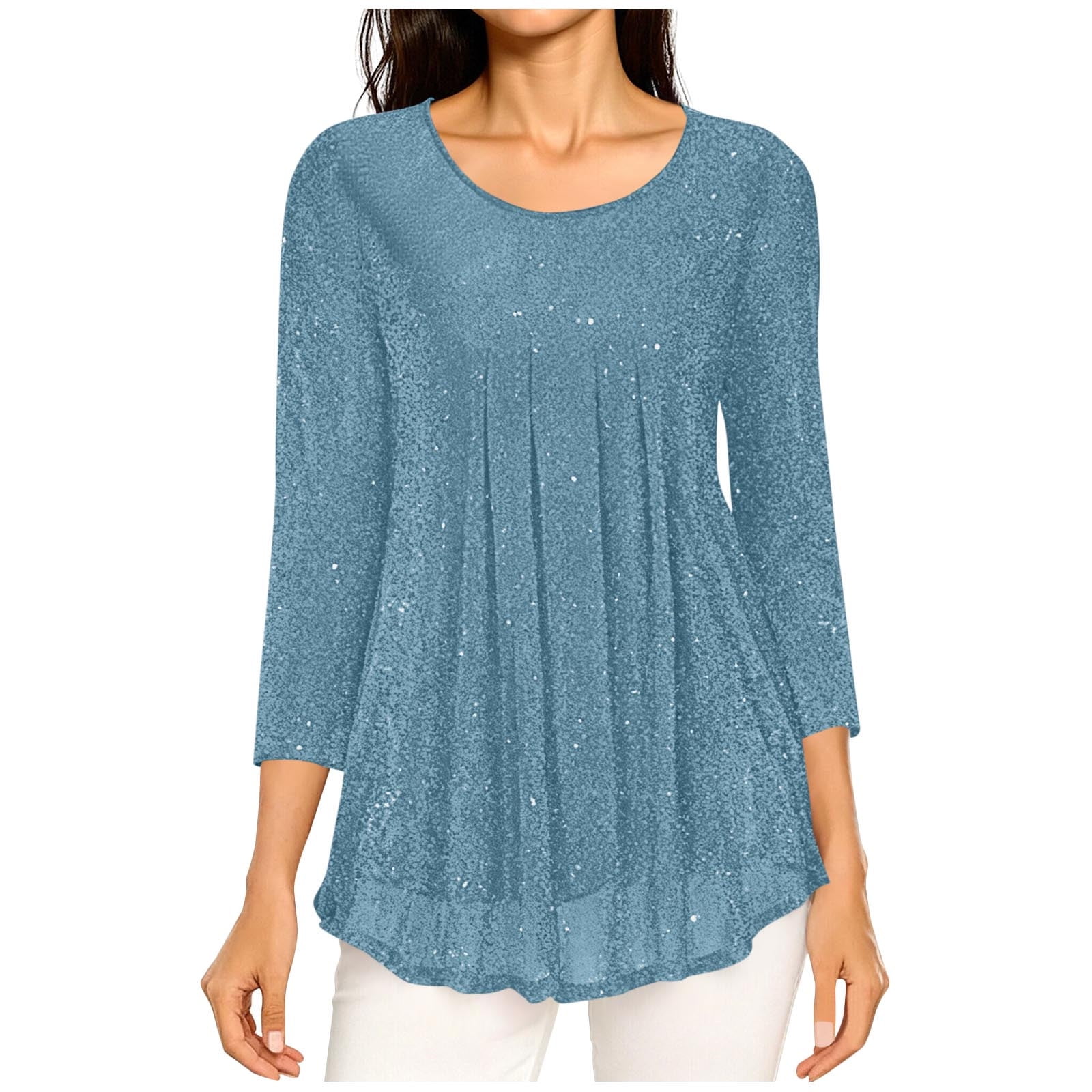zbxnLI Sparkly Tops Women's 3/4 Sleeve Blouse Crew Neck Top Dressy ...