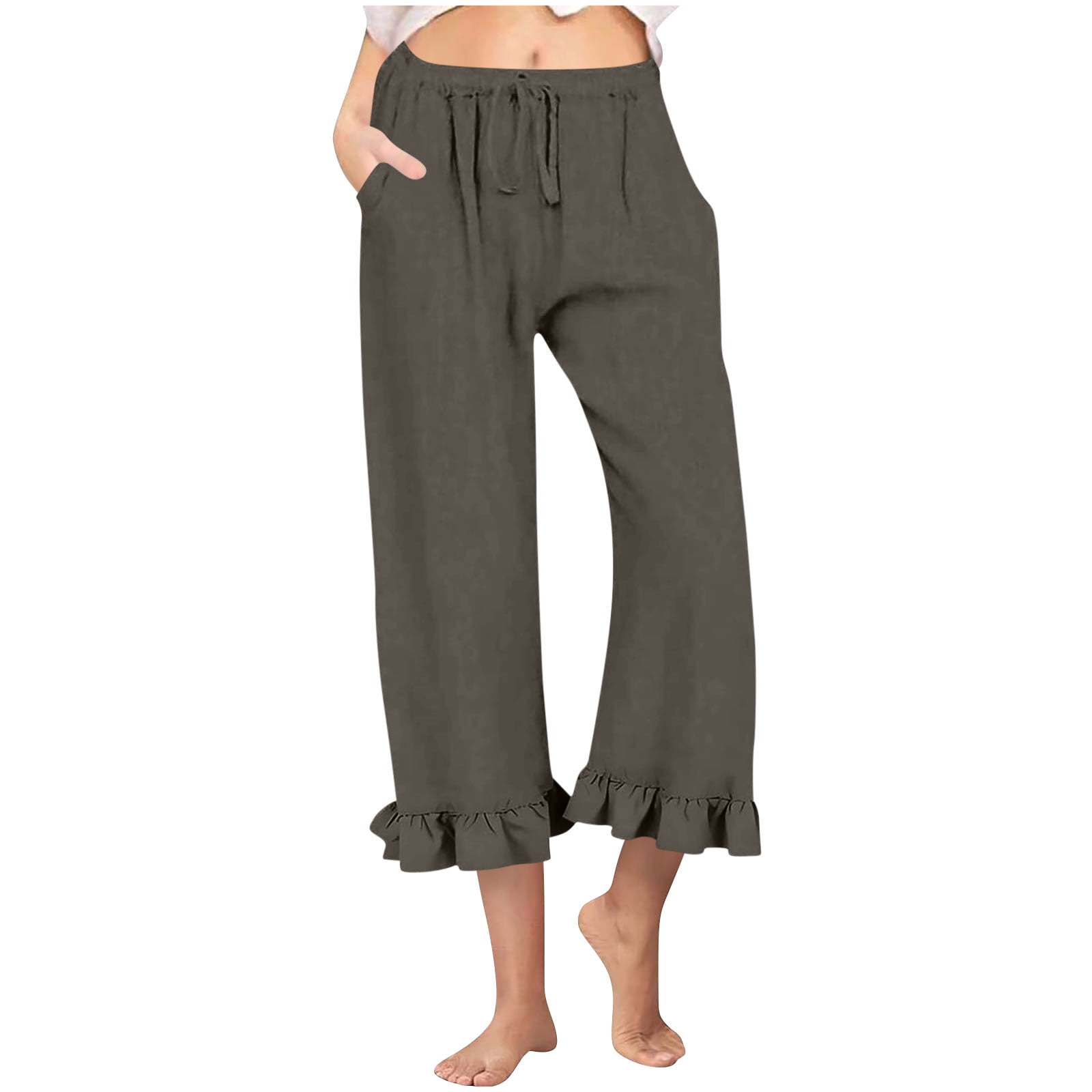 zbxnLI Women's Capri Pants Cotton Linen Casual Lounge Pants Ruffle ...