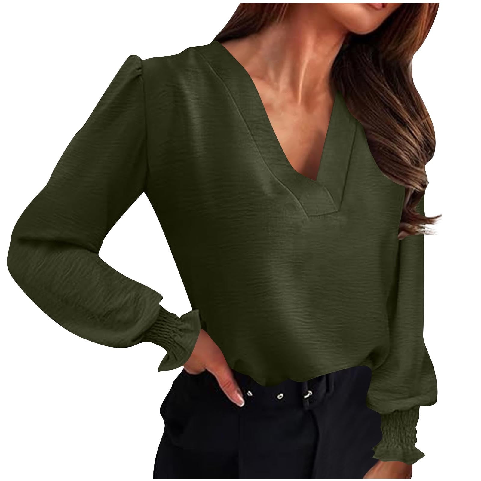 zbxnLI Women's Dressy Blouses Puff Long Sleeve V Neck Shirts Casual ...