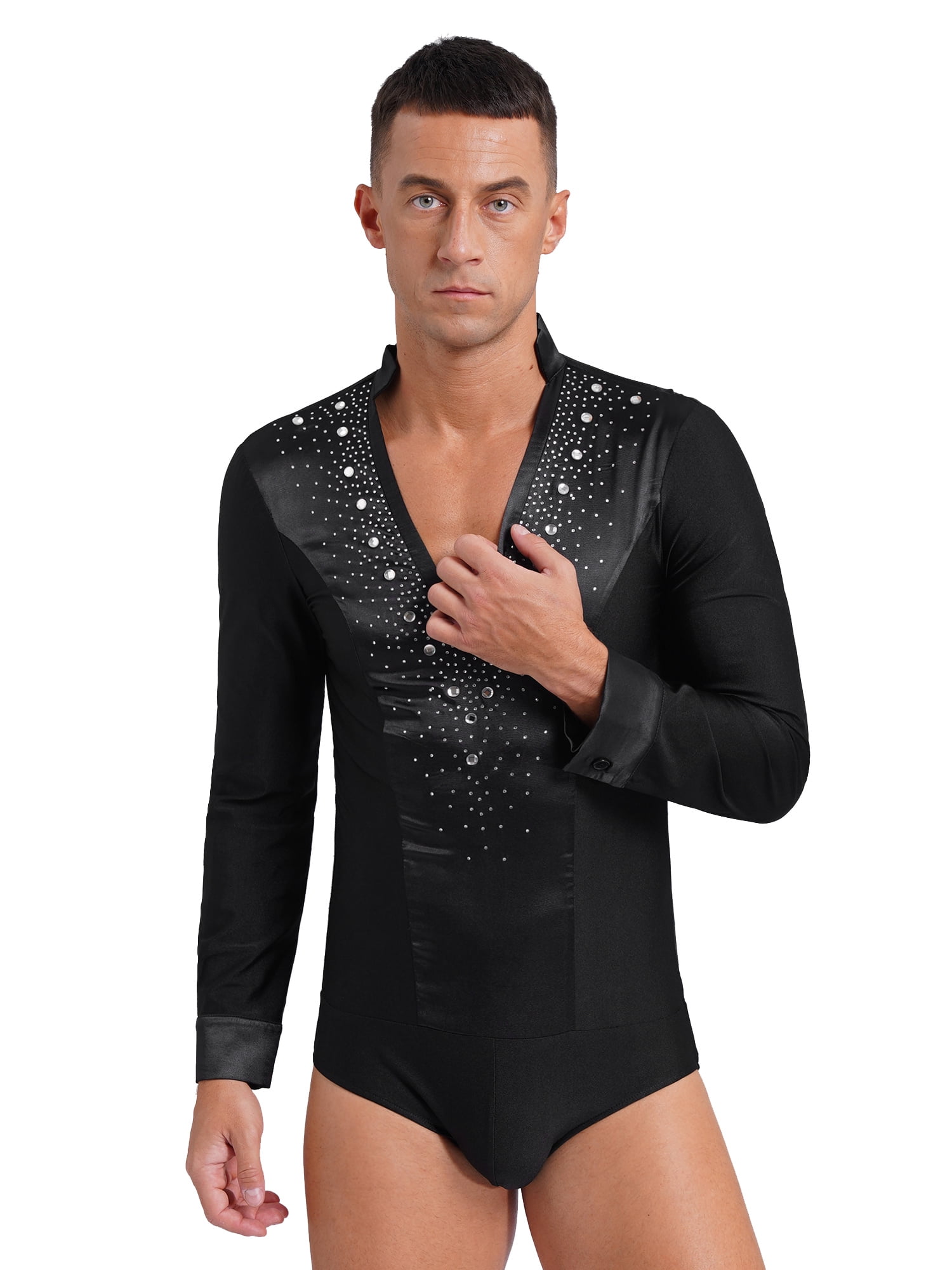 zdhoor Men's Rhinestone Latin Salsa Dance Shirt V Neck Ballroom Dance ...